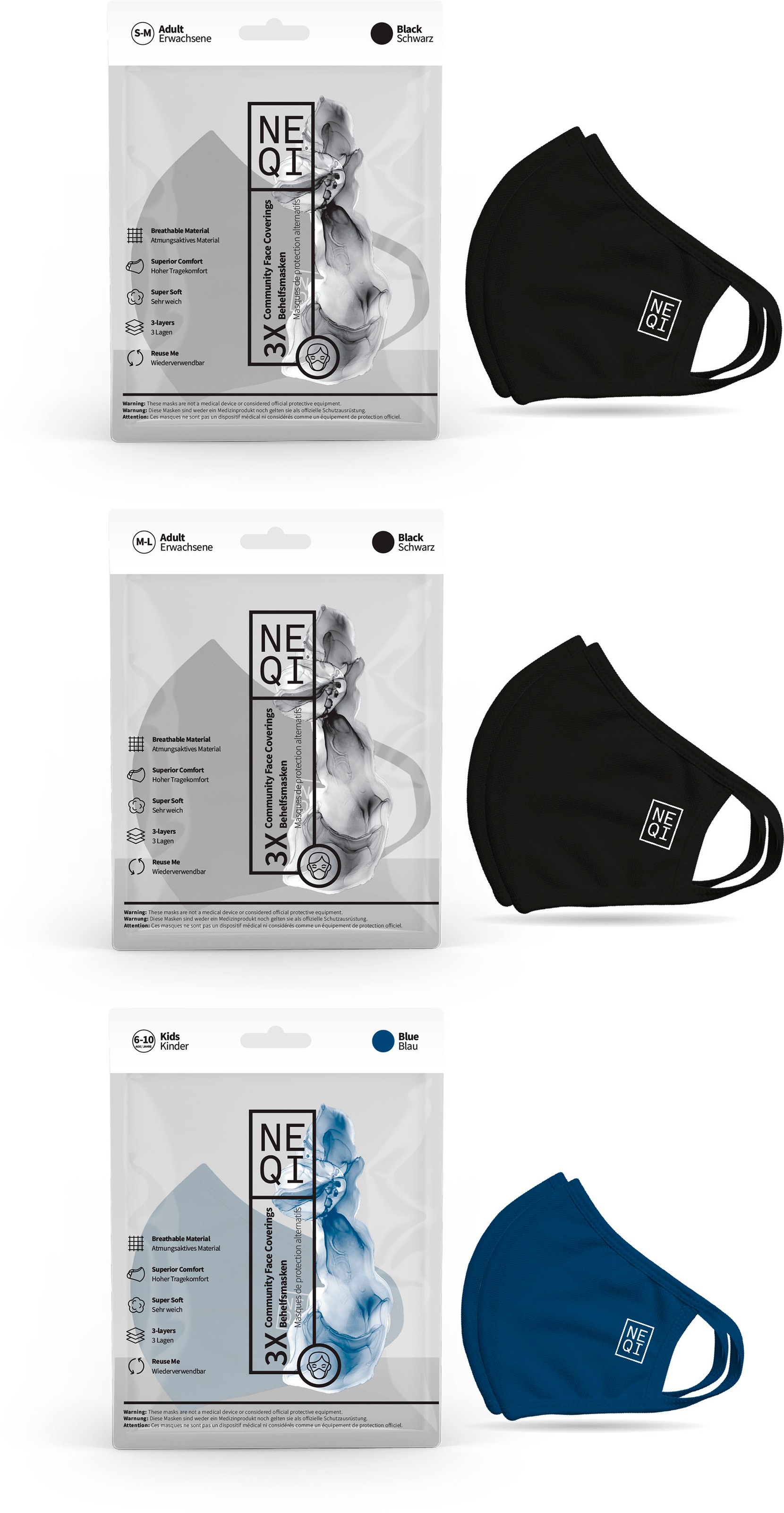 NEQI Mund-Nasen-Masken, (Packung, 3-teilig), für die ganze Familie ...