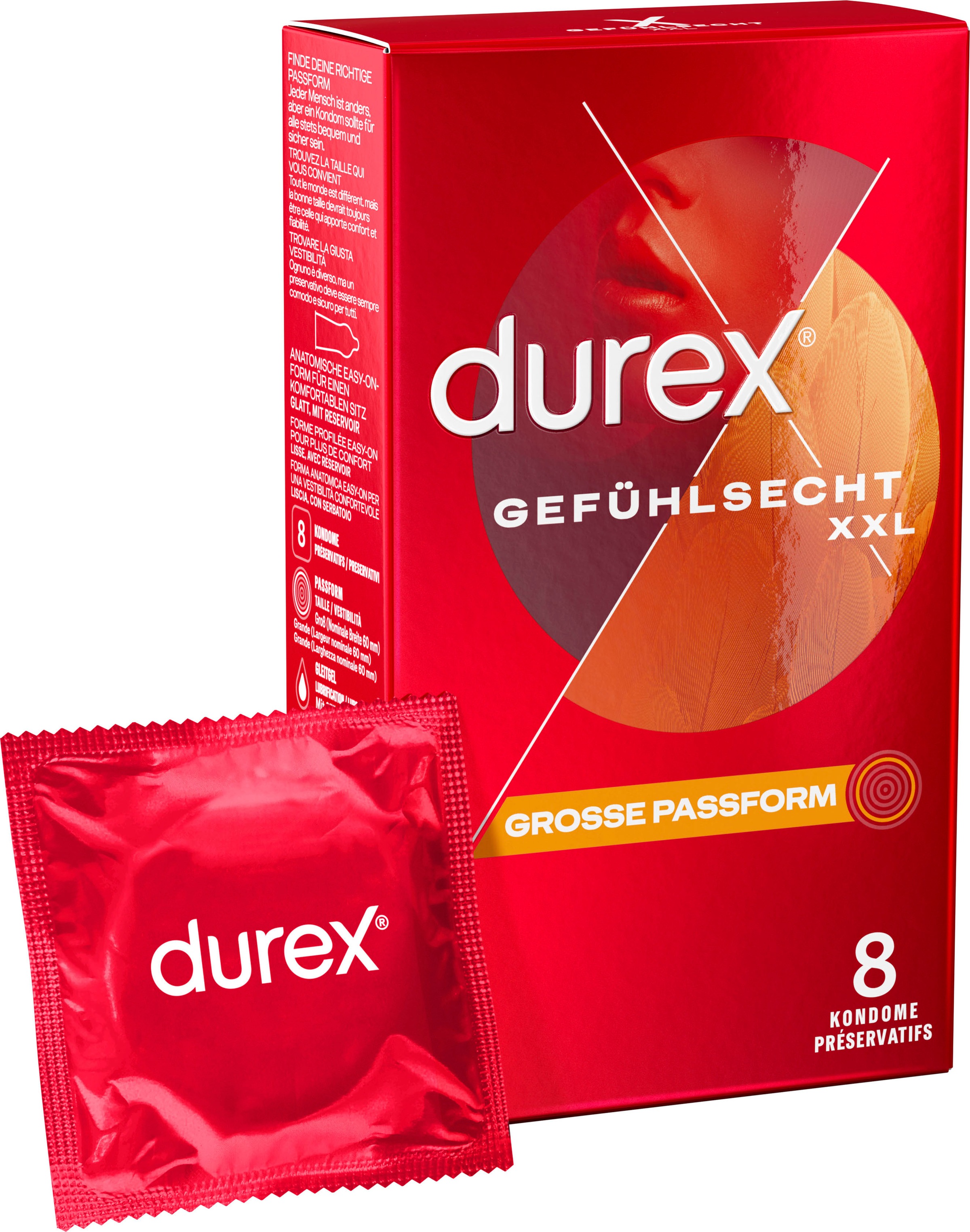durex XXL-Kondome »Gefühlsecht Extra Groß«, (Packung, 8 St.), Dünn für ein intensives Gefühl und ...